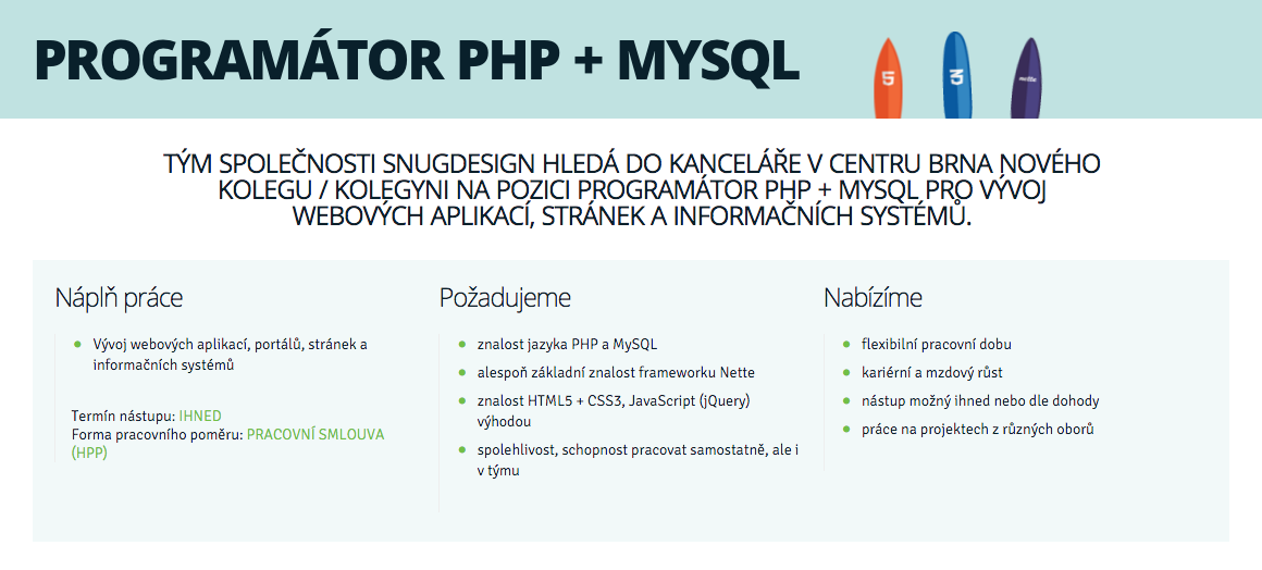 SnugDesign - Volné pozice - Programátor PHP + MySQL
